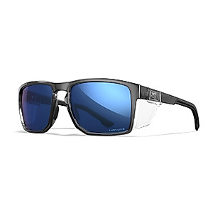 Wiley X WX Founder Sunglasses Safety Glasses for Men Shatterproof UV Eye Protection for Combat, Shooting Captivate Polarized Blue Mirror Lenses Gloss Crystal Grey Frames