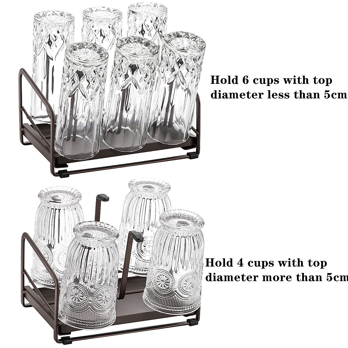 Lyellfe 2 Pack Cup Drying Rack, Glass Bottle Holder with Drain Tray, Silicone Protective Hooks, Carbon Steel Non Slip Cup Mug Organizer Tree for Glass, Coffee Mug, Countertop, Brown