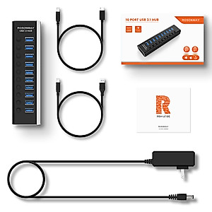 Powered USB Hub, Rosonway 10 Port USB 3.1/3.2 Gen 2 Hub 10Gbps with 36W (12V/3A) Power Adapter, Type A and Type C Cables, Aluminum USB C Hub Splitter for PC and Laptop (RSH-A10S)