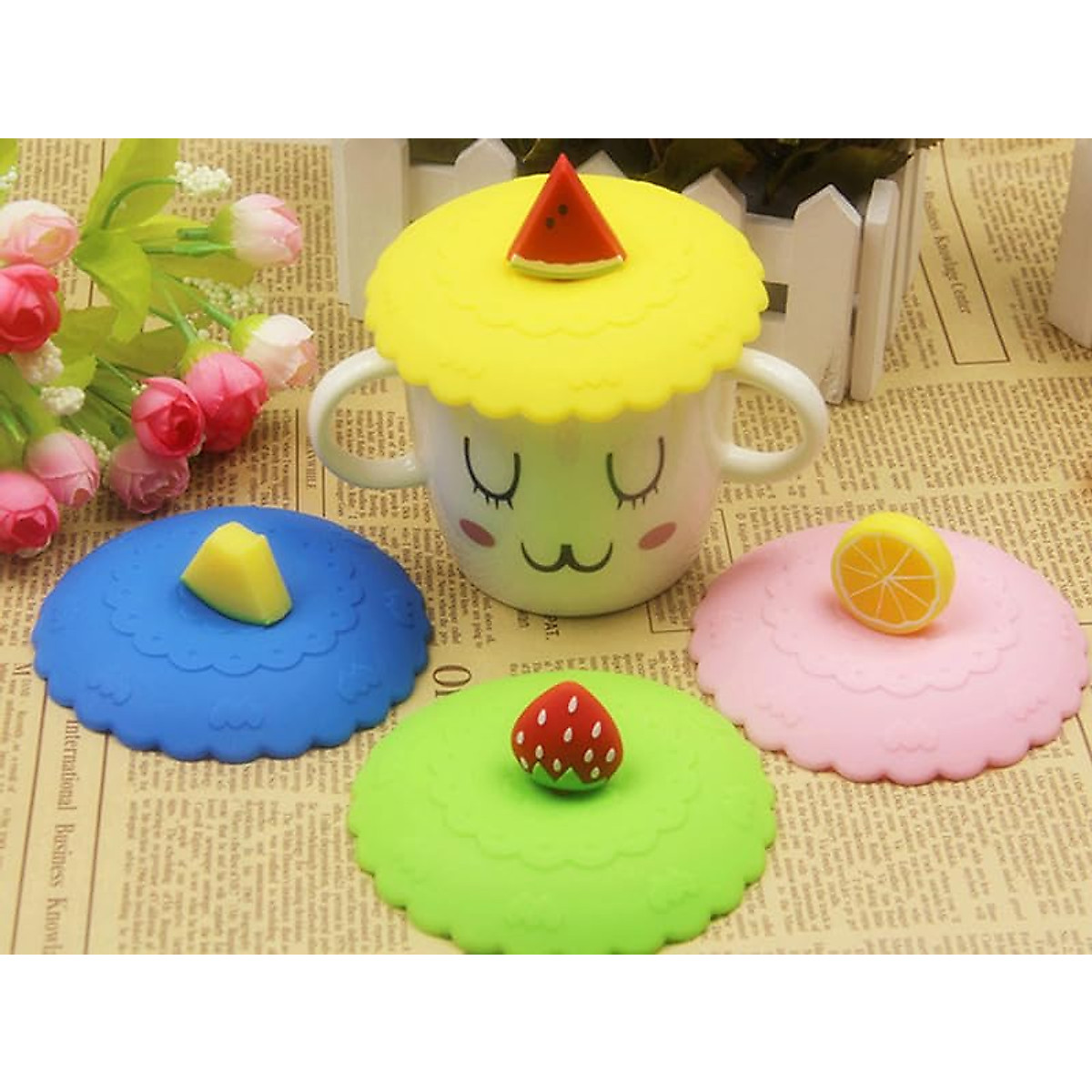 AKOAK 4 Pcs Lovely Fruit Lace Pattern Silicone Cup Lid, Creative Sealing Leakproof Glass Cup Lid Coffee Cup Suction Lid