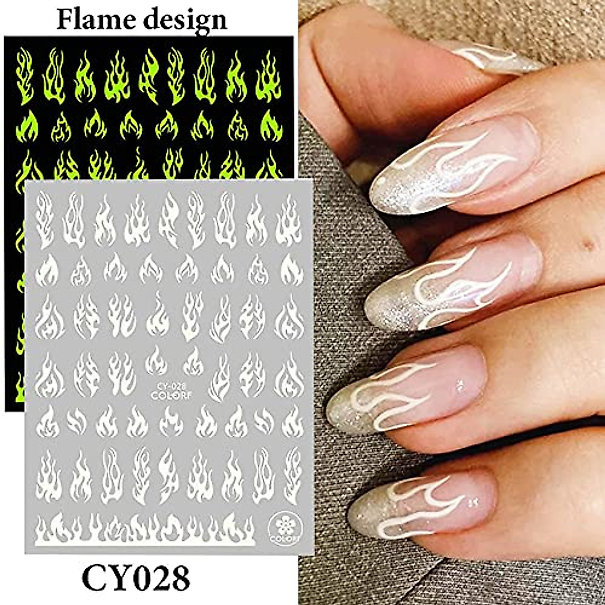 XJL 6 Sheets Luminous Flame Stars Moon Flowers Nail Art Stickers, 3D Self Adhesive Fire Constellation Star Butterfly Flower Heart Nail Design For Women Girls, Glow in Night, DIY Nail Decoration