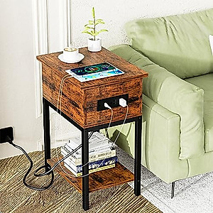 SZLHANJZ Nightstand with Charging Station, Narrow End Table with Storage Drawer, Wood & Metal Narrow Nightstand 2 Tier, Small Sofa Bed Side Table for Living Room Bedroom Dorm, Dark Brown