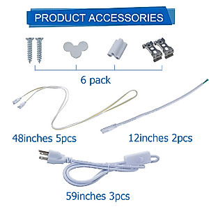 (Pack of 6)T8 4FT LED Integrated Tube Light Fixture, 24W Shop Light with ON/Off Switch Power Cord,6000K Supper White,Clear Cover,Single Strip Indoor Connectable Lamp,Replace Fluorescent Bulb Light