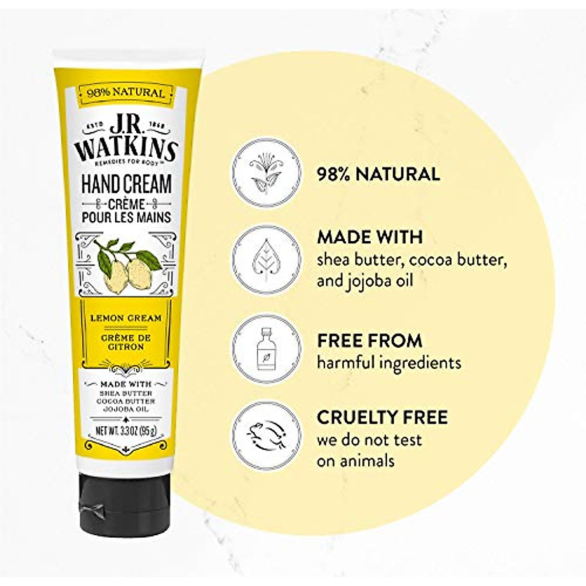 J.R. Watkins Natural Moisturizing Hand Cream, Hydrating Hand Moisturizer with Shea Butter, Cocoa Butter, and Avocado Oil, USA Made and Cruelty Free, 3.3oz, Lemon Cream, Single