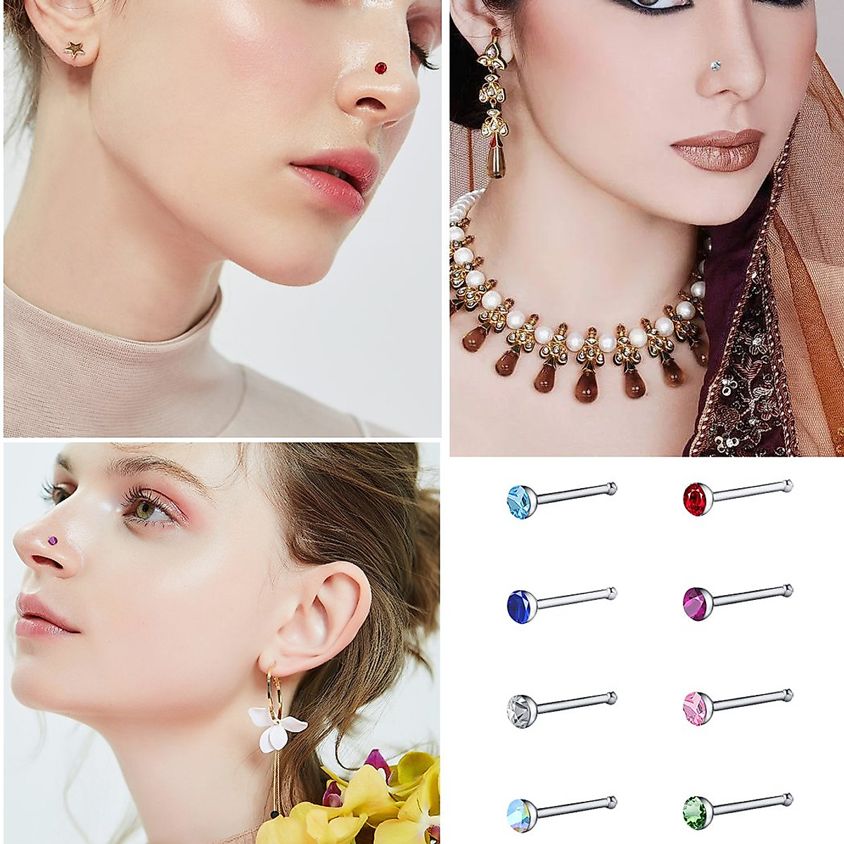 cnomg 2 Sets 120 pcs Stainless Steel Nose Ring Body Piercing Jewelry Nose Bone Stud Nose Hoop Crystal Hypoallergenic White+Multicolor