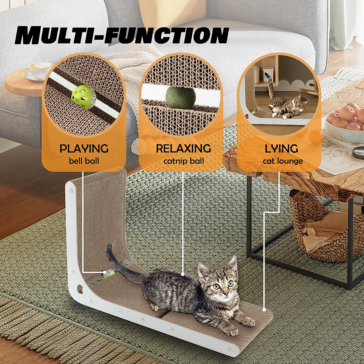 SMARTBEAN Cardboard Cat Scratcher, Vertical Cat Scratching Board, 23.6 Inch L-Shape Cat Scratch Pads with Built-in Catnip Toy Balls, Wall-Mount Cat Scratchers for Indoor Cats