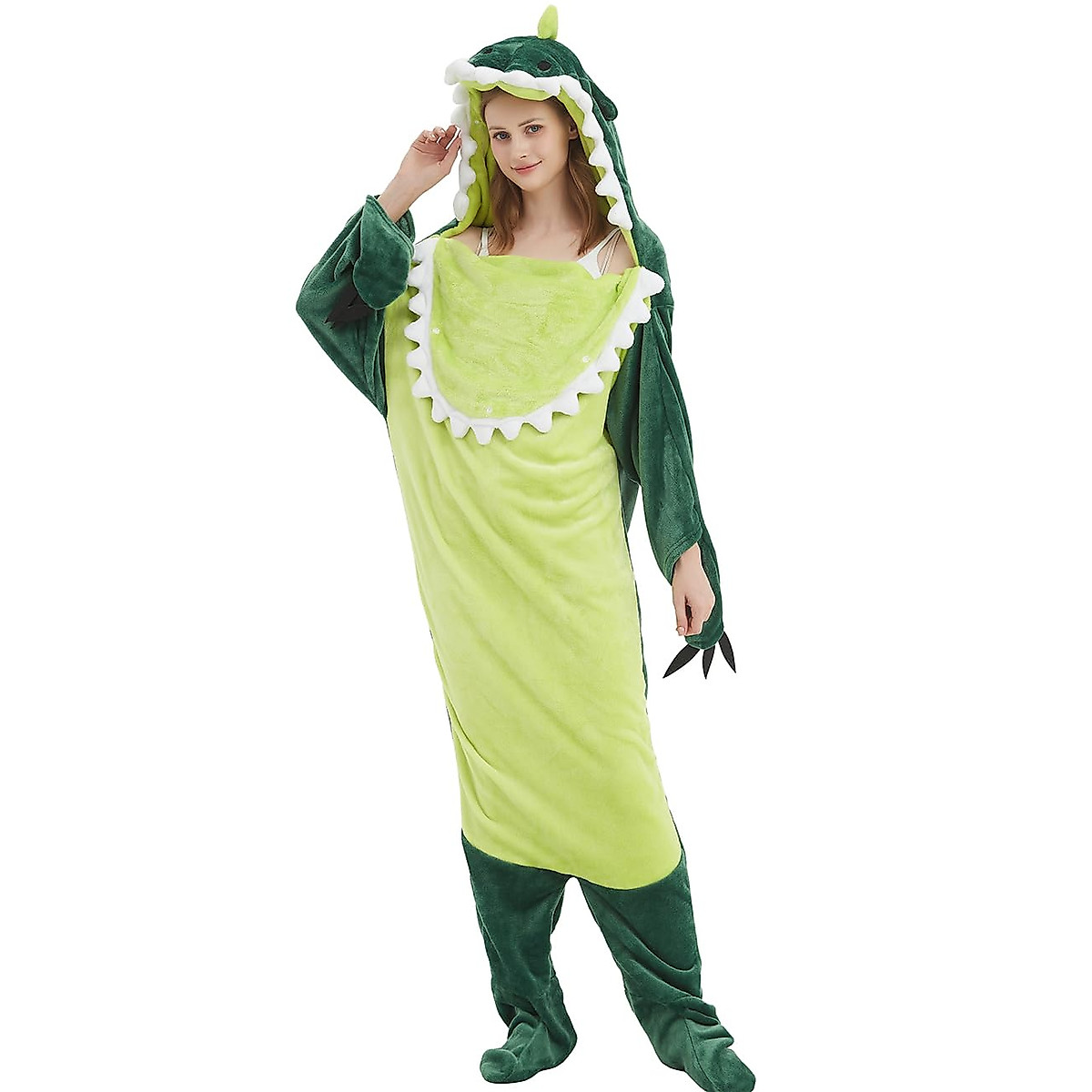 NAFLEAP Wearable Blanket Hoodie Women Dinosaur Onesie Adult Costume Sleep Bag Gifts for Girls, Dinosaur Green,XL