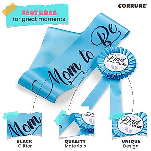 CORRURE Baby Shower Sash and Button Pin for Boy - 'Mom to Be' Sash and 'Dad to Be' Pin with Beautiful Blue Ribbon and Black Glitter Text - Ideal Mom and Dad Gift for Gender Reveal/Baby Shower
