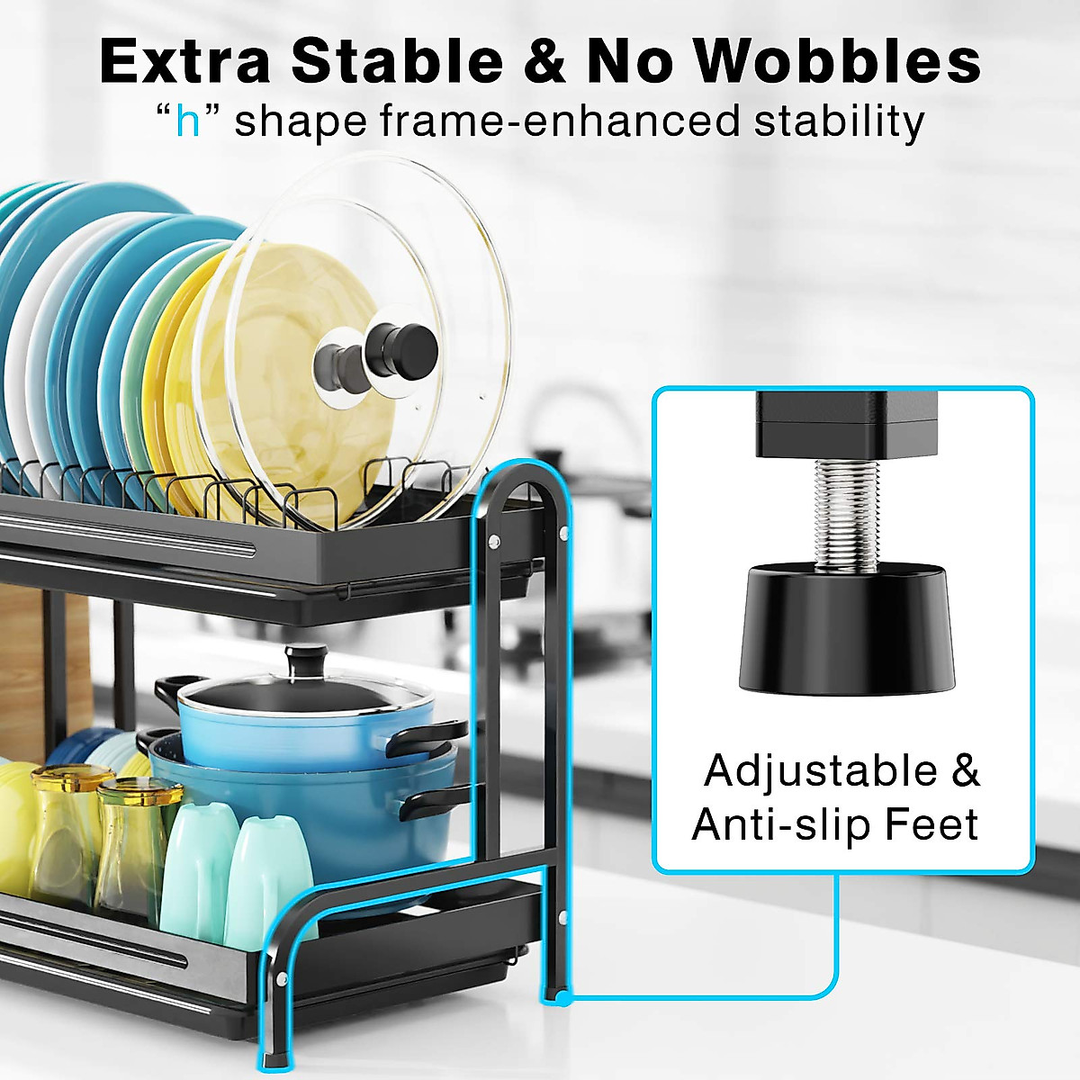 GSlife Dish Drying Rack, Metal 2 Tier Dish Rack Rust-Resistant Dish Drainer with Utensil Holder, Cutting Board Holder Set for Kitchen Counter, Black