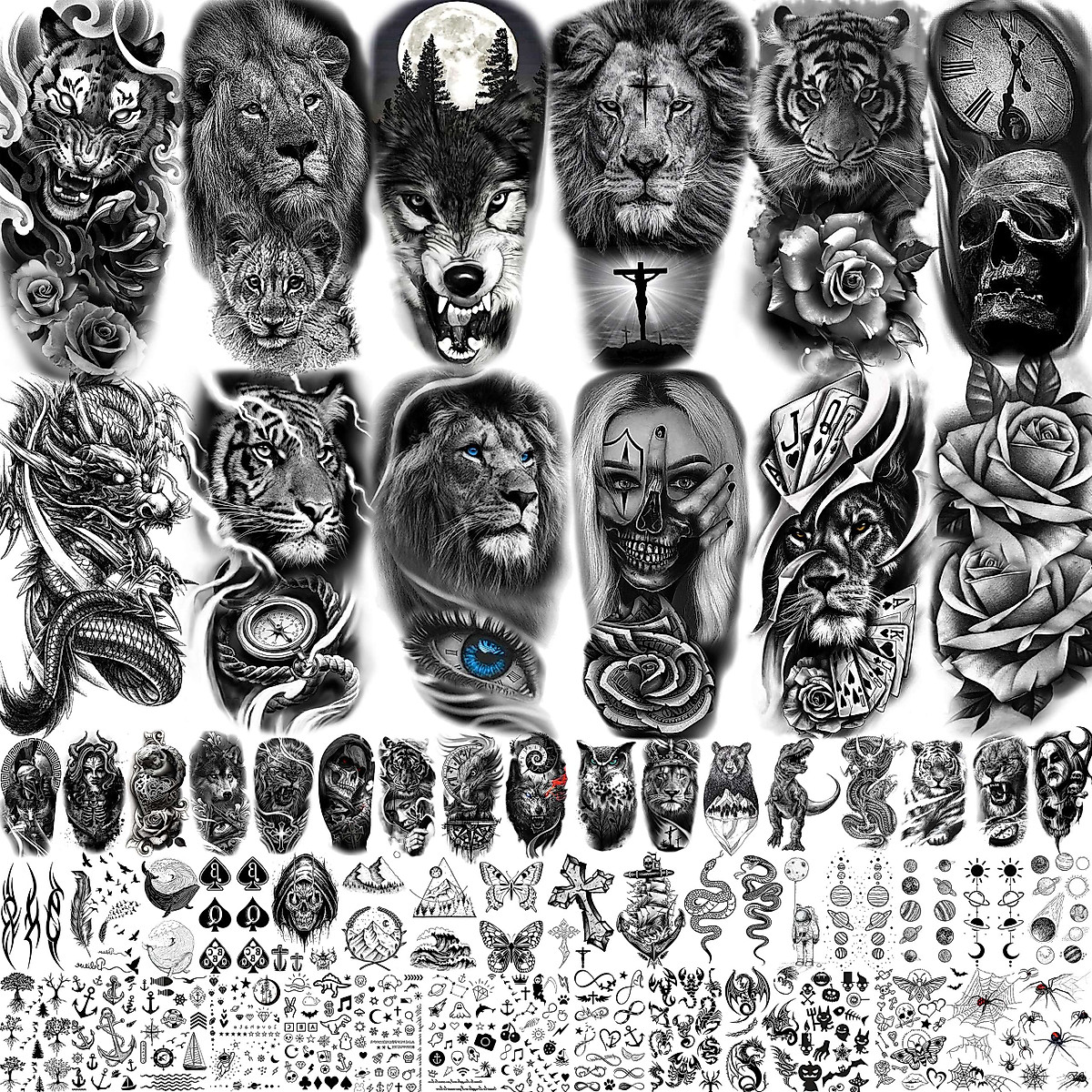 TASROI 61 Sheets Realistic Skull Tiger Wolf Lion Temporary Tattoos For Women Men Arm Sleeve, 3D Halloween Temp Tattoos Adults Compass Black Rose Flower, Bulk Fake Tattoos That Look Real And Last Long