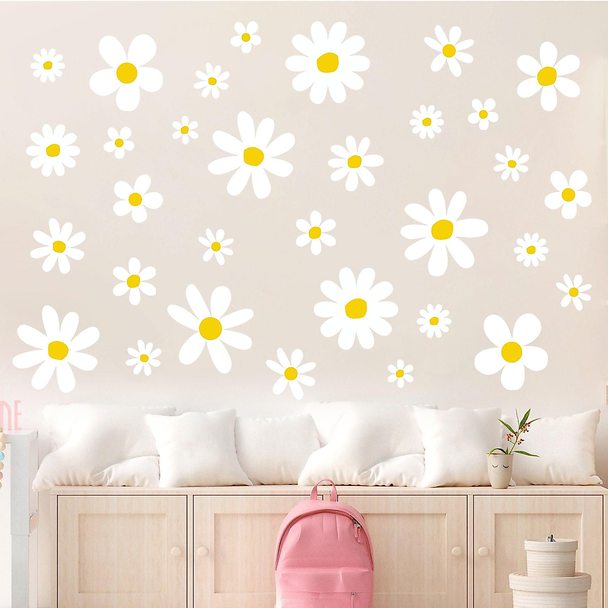 12 Sheets Daisy Wall Decals Boho Flower Wall Stickers Cute Kids Girls Room Decor Peel and Stick Floral Decals Toddler Playroom Living Room Bedroom Classroom Retro Hippie Decor Classic Style
