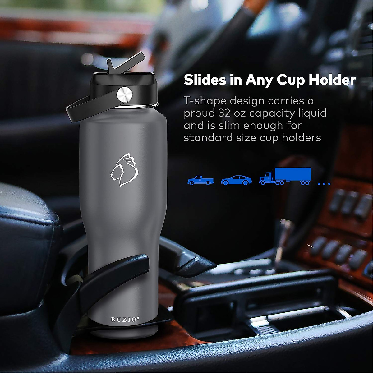 BUZIO Stainless Steel Water Bottle Vacuum Insulated (Cold for 48 Hrs, Hot for 24 Hrs), Graphite 32oz Tumbler Travel Flask with Straw Lid and Flex Cap, Fit in Any Car Cup Holder
