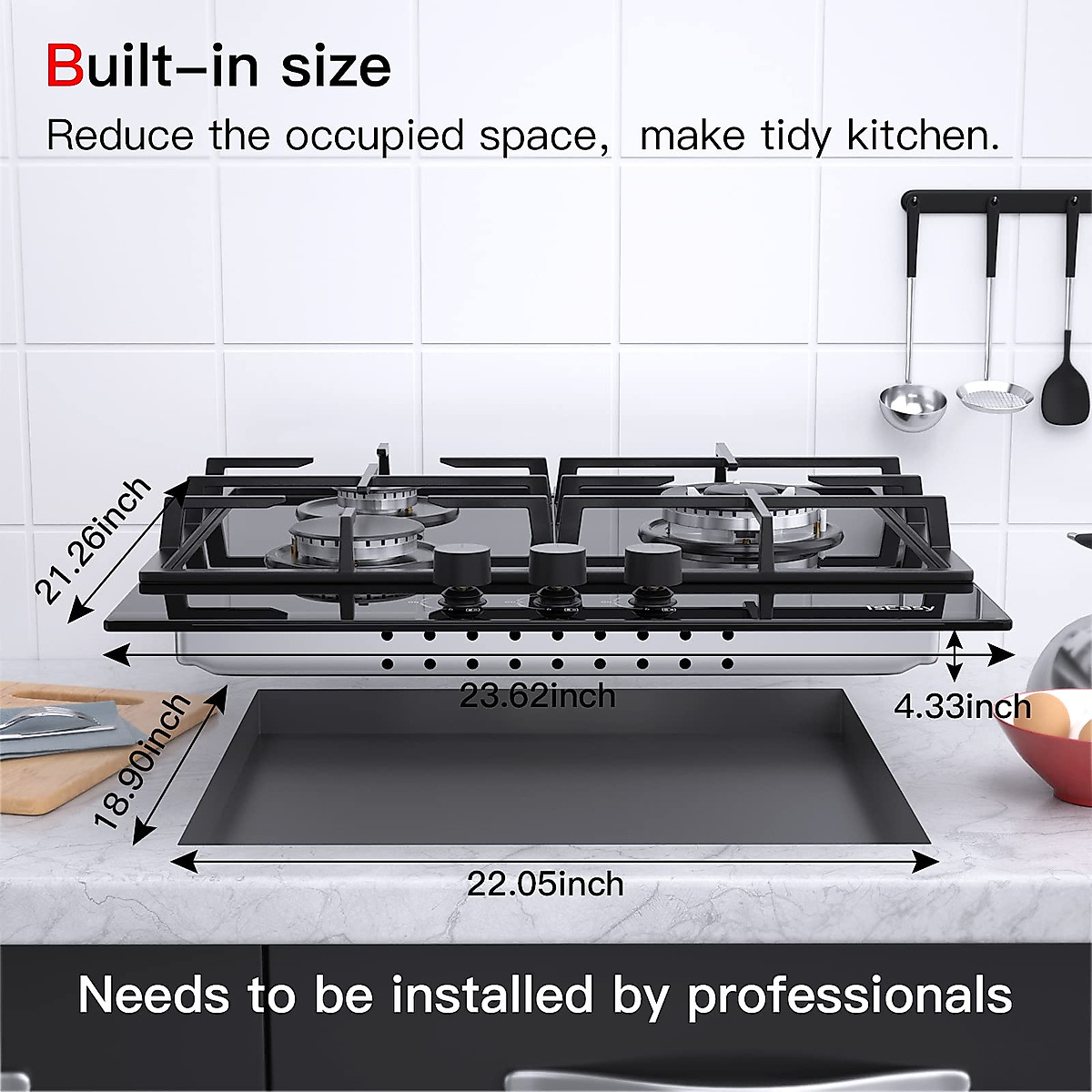 24" Built-in Gas Cooktop, 3 Burner Gas Stovetop, 24 Inch NG/LPG Convertible Natural Gas Propane Cooktops, 3 Burner Gas Stovetop With Thermocouple Protection, Black Tempered Glass-IsEasy