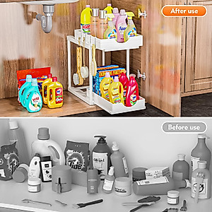 ARSTPEOE 2 Pack Double Sliding Under Sink Organizers and Storage,Two Tier Bathroom Storage and Organization,Under Cabinet Organizer with Hooks,Home Organization,White