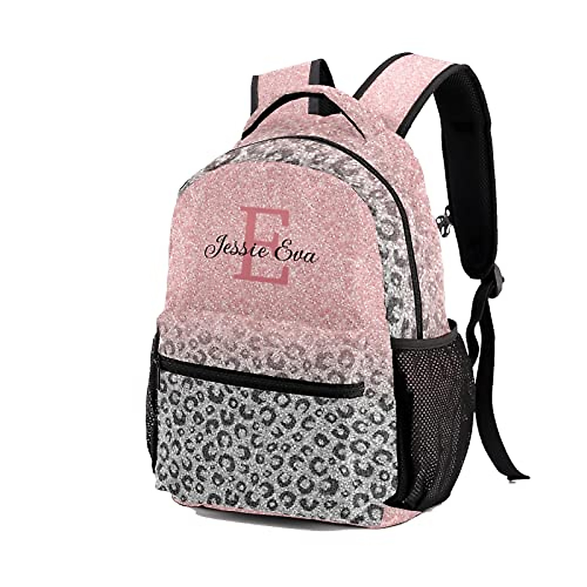 Custom Kid Backpack, Pink Glitter Printing Leopard Personalized School Bookbag with Your Own Name, Customization Casual Bookbags for Student Girls Boys