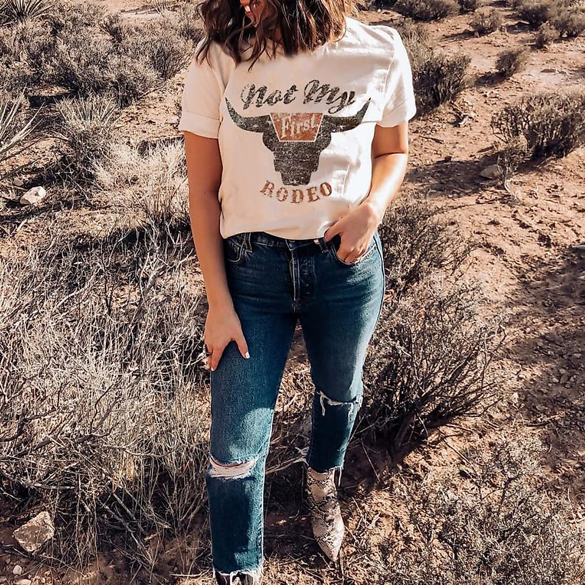 GEMLON Not My First Rodeo Cowgirl Western T-Shirt Tee Womens Casual Country Concert Short Sleeve Shirt Tops Apricot M