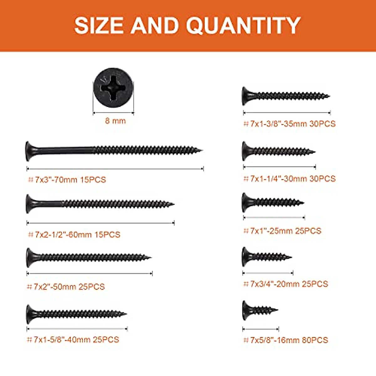 430PCS Premium Drywall Screws, Quality Black Steel #7 Sharp Point Self Tapping Screws with Phillips Drive, 9 Different Sizes Screws Assortment Set, Ideal Screw for Drywall Sheetrock, Wood