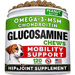 Glucosamine Treats for Dogs - Joint Supplement w/Omega-3 Fish Oil - Chondroitin, MSM - Advanced Mobility Chews - Joint Pain Relief - Hip & Joint Care - Peanut Butter Flavor - 120 Ct