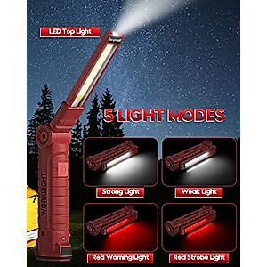 Rechargeable Flashlights, Coquimbo LED Work Lights with Magnetic Base 5 Modes 360° Rotate, Tool Gifts for Men, Dad, Husband, Handyman﻿ (2 Pack, Red)