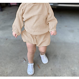 JELLYKIDS Toddler Unisex Baby Shorts Outfits Long Sleeve Cotton Linen Shirt Top+bloomer Shorts Summer 2pcs Clothes Set