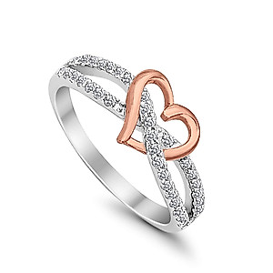 Blue Apple Co. Rose Tone Heart Simulated Cubic Zirconia Size-11 Heart Promise Crisscross Engagement Ring Round CZ 925 Sterling Silver