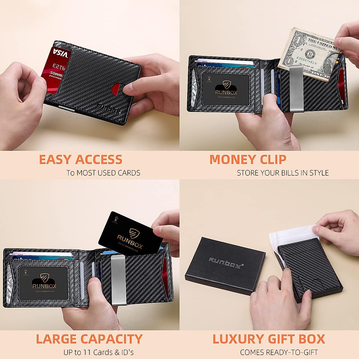 RUNBOX Slim Wallets for Men - Leather Money Clip Mens Wallet - RFID Blocking Front Pocket Bifold Wallet - Minimalist Credit Card Holder with Gift Box
