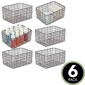 mDesign Farmhouse Metal Bathroom Storage Organizer Bin Basket for Vanity, Towels, Cabinets, Shelves - Holds Sponges, Make-Up, Shampoo, Conditioner, Cosmetics, Hand Towels - 12" x 9" - 6 Pack - Bronze
