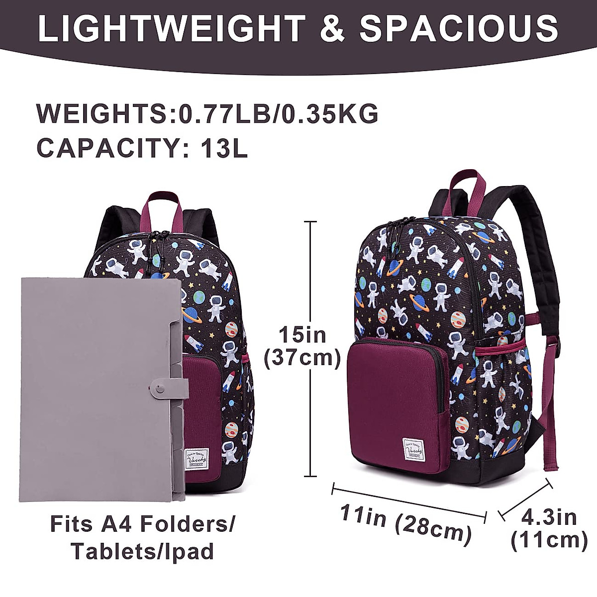 VASCHY Preschool Backpack, Cute Lightweight Water Resistant Kindergarten Backpack Bookbag for Boys and Girls Astronaut