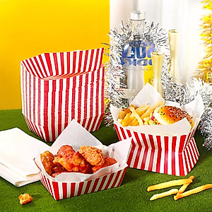 Rtteri 50 Pcs Carnival Party Paper Food Trays with Greaseproof Liner Paper Bulk Striped Circus Party Snack Disposable Food Boats for Carnival Circus Food Truck Party Supplies (Red and White Stripes)