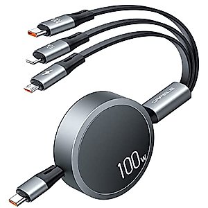 CAFELE 100W 3in1 Multi Charging Cable [Travel Essential] USB C to Retractable Phone Charger, Multiple Charging Cord with Type C/Micro USB/IP for Samsung S23 S22 S21, Phone 14 13 12, Pad Pro, Mac, 4ft