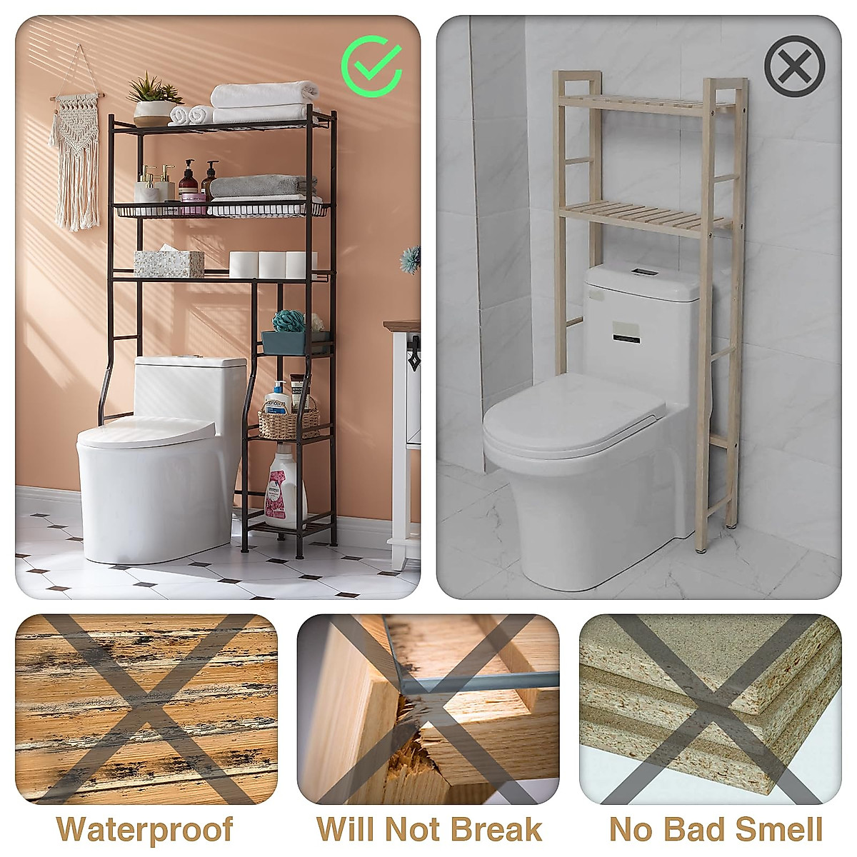 Lauren&Harold Over Toilet Bathroom Organizer 33",6-Tier Over The Toilet Storage Cabinet,Over The Toilet Storage Shelf for Restroom,Laundry(Black)