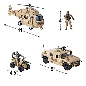 Dazmers Military Army Toys, Action Soldier Figures and Vehicles Set - Army Helicopter Toy, Truck, Quadbike - Lights and Sounds - Friction Powered Army Trucks