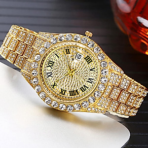 HUNRUY Hip Hop Watches for Men Iced-Out Bling Diamond Luxury Quartz Watches with Date (42mm Face Gold Diamond)