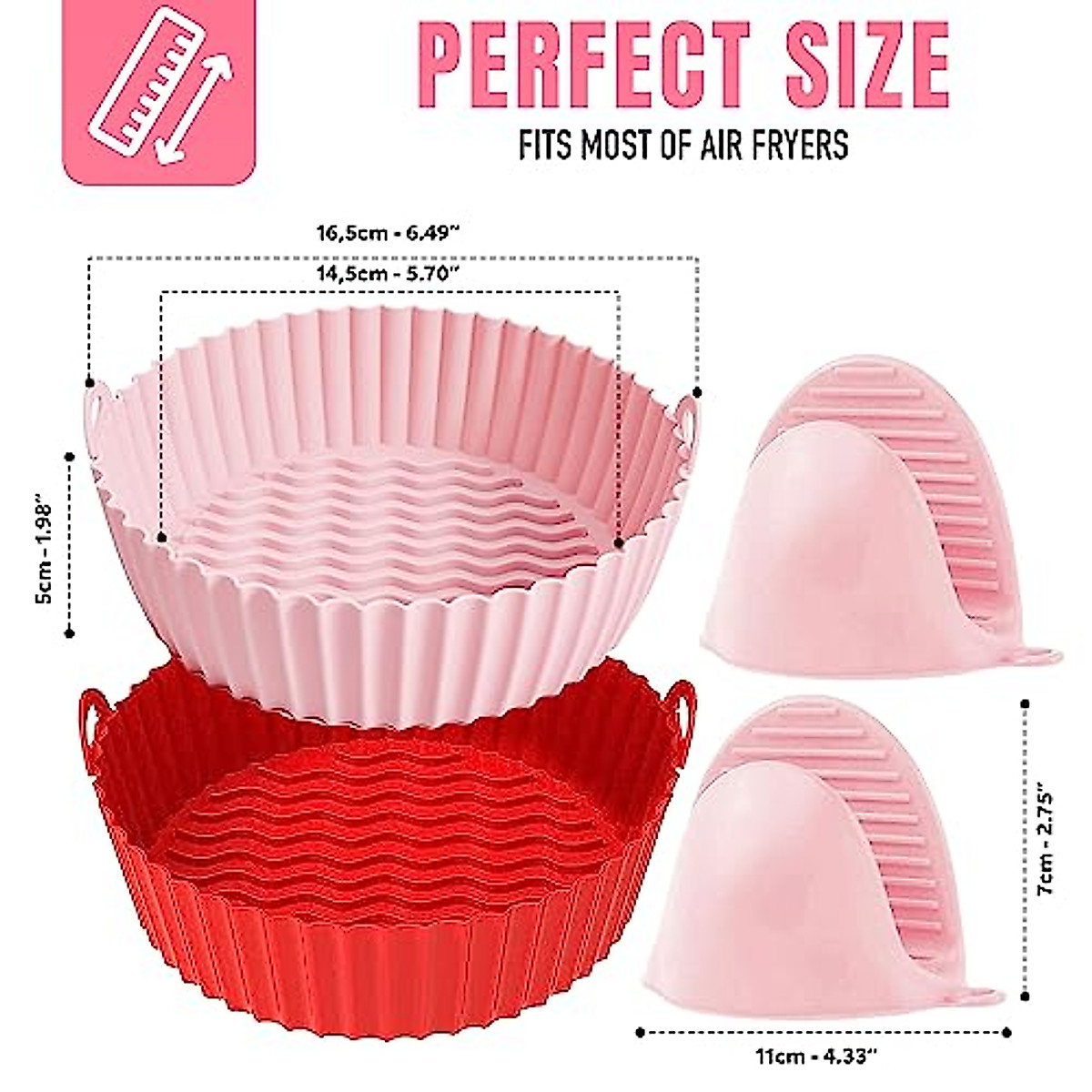 Hashimi Store Upgraded Air Fryer Silicone Liners with Heat Gloves-Pack of 2,Round Shape with Handles-Fit for 3 to 5 QT Air Fryer, Replace Paper with Silicone Air Fryer Liners (Red & Pink)