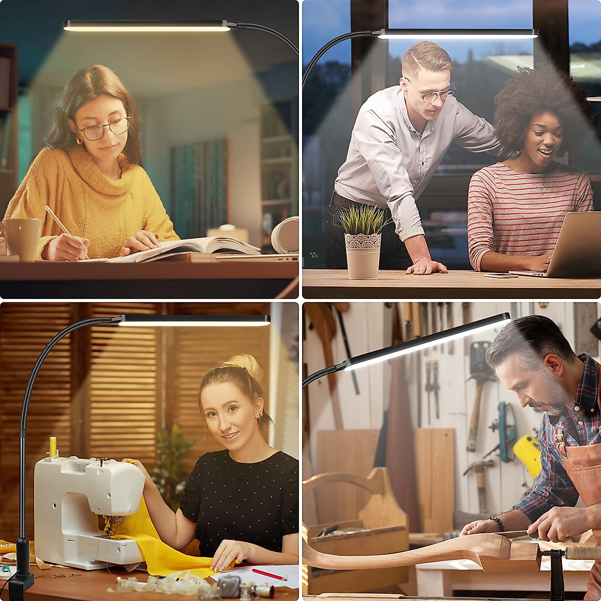 BIENSER LED Desk Lamp with Clamp, Super Bright, 11 LED Lights, 5 Color Modes, Flexible Gooseneck, Eye-Caring, Black, Metal & Silicone, Office Reading Lamp