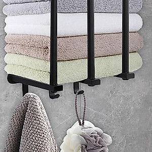 NEWPIC Wall Towel Rack for Rolled Towels, Vertical 3-Bar Adhesive Bathroom Towel Holder with 3 Hooks, Rolled Towel Rack Wall Mounted, Metal Towel Storage for Small Bathroom, Black