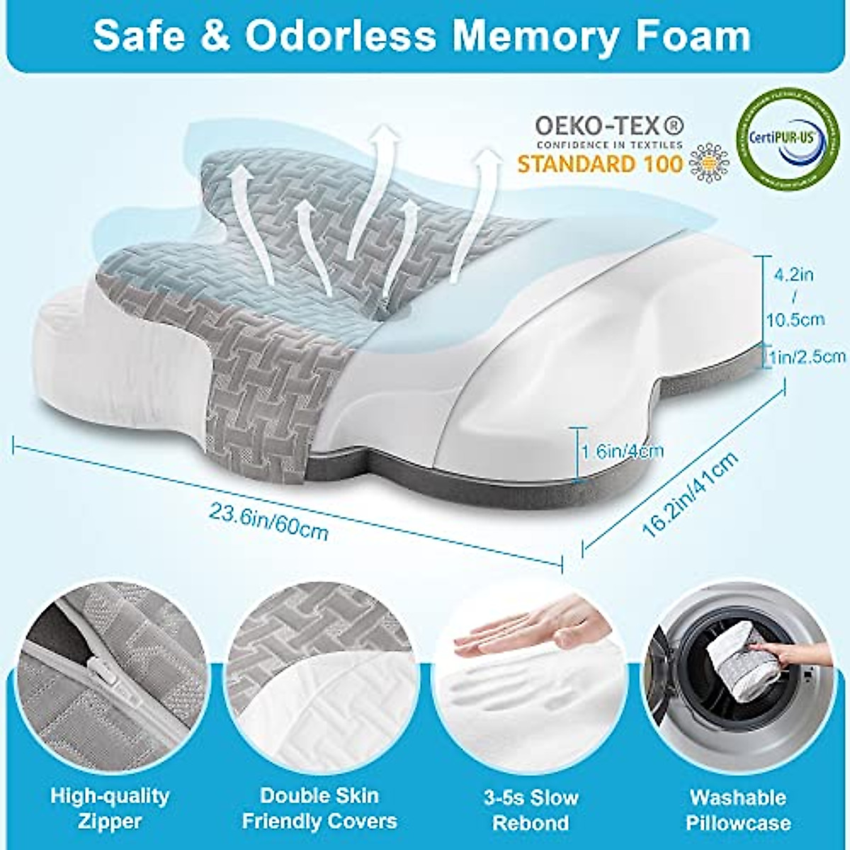 Elviros Cervical Memory Foam Neck Pillow for Pain Relief, Adjustable Orthopedic Support Pillows for Sleeping, Ergonomic Bed Pillow for Side, Back, Stomach Sleepers, Queen Size, Grey