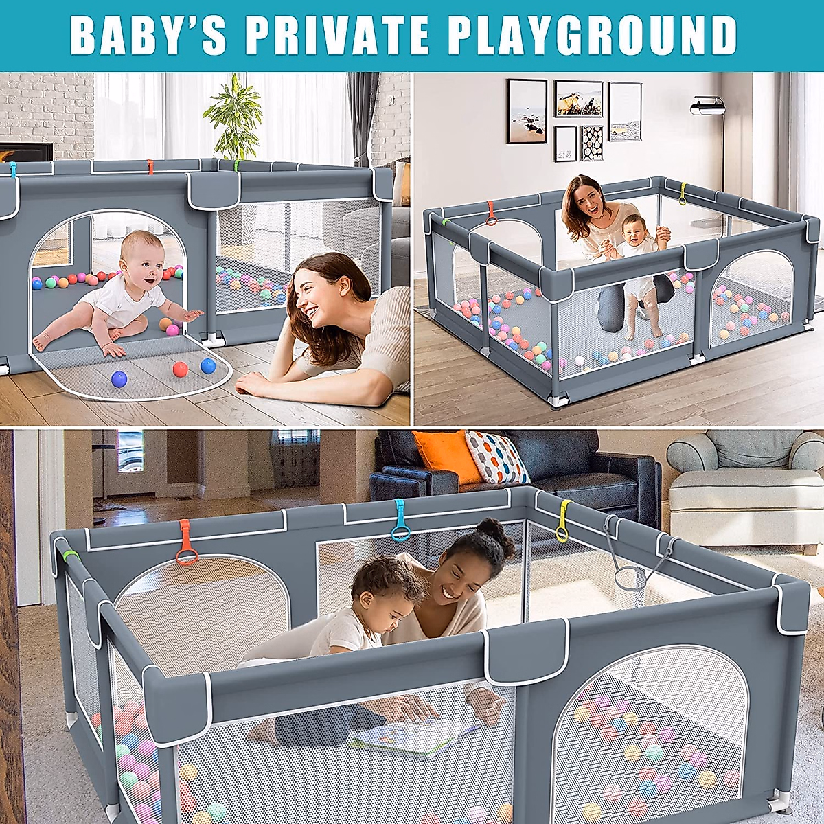 Baby Playpen, 79" x 63" Extra Large Play Yard Playpen for Babies and Toddlers with 50 Ocean Balls, Indoor & Outdoor Safety Baby Activity Center with Breathable Mesh, Anti-Slip Suckers and Zipper Gate