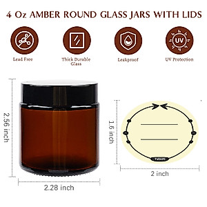 TUZAZO 12 Pack 4 Oz Thick Amber Round Glass Jars with Lids - Empty Candle Making Jars/Food Storage Canning Jars/Cosmetic Containers with Leakproof Lids for Cream Lotion Body Butter Beauty Products