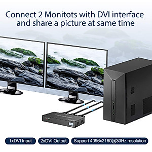 DVI Splitter 1 in 2 Out 2 Port DVI Dual Monitors Distribution Duplicator Video Splitter Support EDID Management Resolution up to 4K30Hz for PC Laptop DVR Projector HDTV