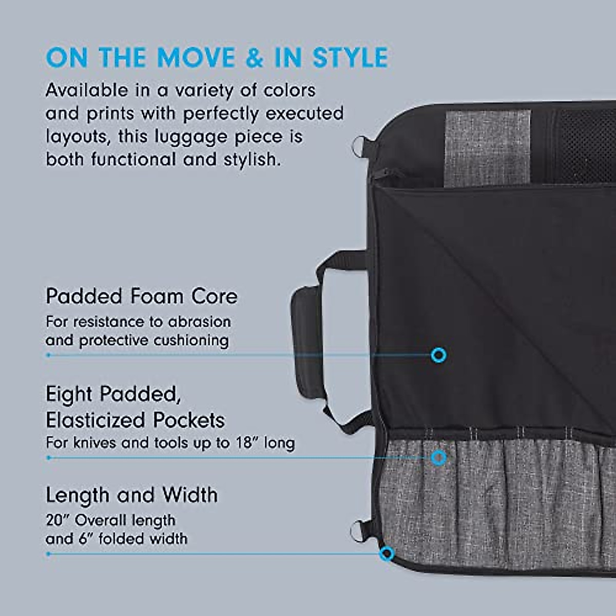 Messermeister Preservation 8-Pocket Knife Luggage, Black - 8 Elasticized, Reinforced Pockets for Culinary Tools - Holds Up to 18” Knife - Made From 100% Recycled Water Bottles