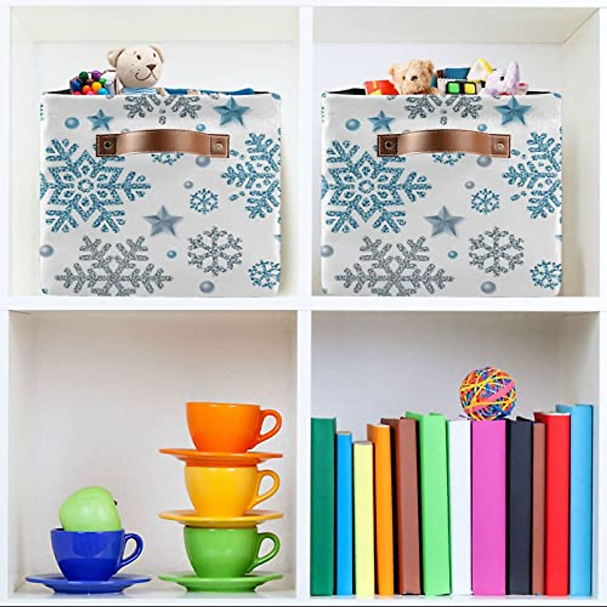 Christmas Snowflake Storage Basket,Blue White Snowflakes Large Storage Bin Fabric Collapsible Organizer Bag with Handles 15x11x9.5 inch