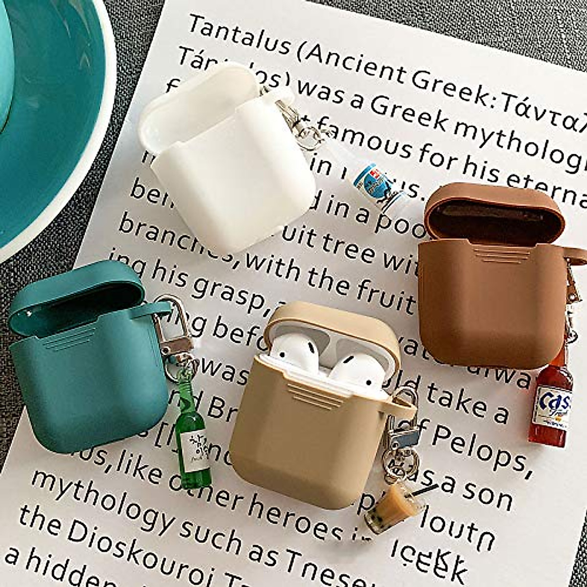 UR Sunshine Case Compatible with AirPods 1/2, Creative Candy Color Soft TPU Silicone Case Cover Protective Skin for AirPods 1/2 with Drink Milk Tea Bottle Pendant Keychain-Khaki