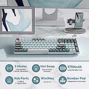RK ROYAL KLUDGE RK100 Wireless Mechanical Keyboard RGB Backlit Bluetooth5.1/2.4G/Wired 96% Full Size 100-Key Hot Swappable Gaming Keyboard Red Switch Classic