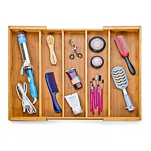 Seville Classics Bamboo Premium Organizer Storage Bins for Kitchen Silverware, Pantry, Closet, Office Desk, Pens, Utensils, Makeup, K Cup, Bamboo, Expandable Tray (5 Compartment)