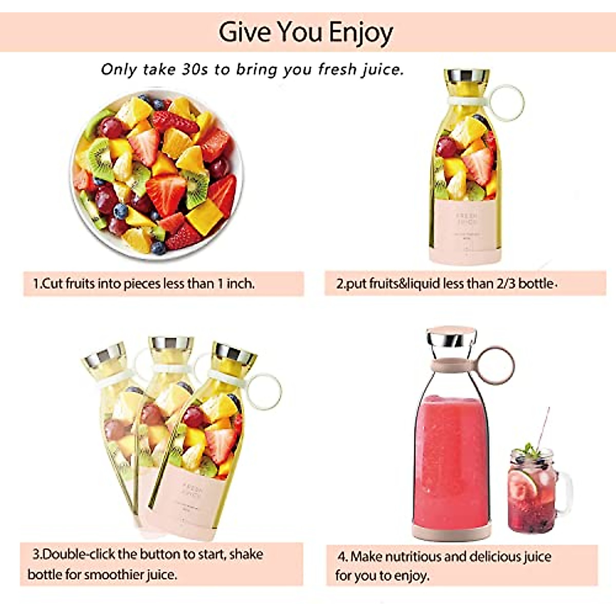 Personal Size Blender, Portable Blender, Battery Powered USB Blender, with Four Blades, Mini Blender Travel Bottle for Juice, Shakes, and Smoothies (Pink)