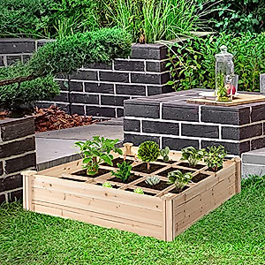 Outsunny 4ft x 4ft Raised Garden Bed, Wooden Planter Box with Segmented Growing Grid for Plants & Herbs, Natural Wood