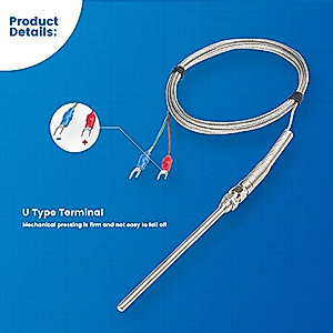 CGELE K-Type Thermocouple Temperature Sensors 0~600℃，2M/6.6Ft Wire Probe Length 100mm Two Wire 100×5mm Stainless Steel Probe Temperature Detector Temperature Gauge