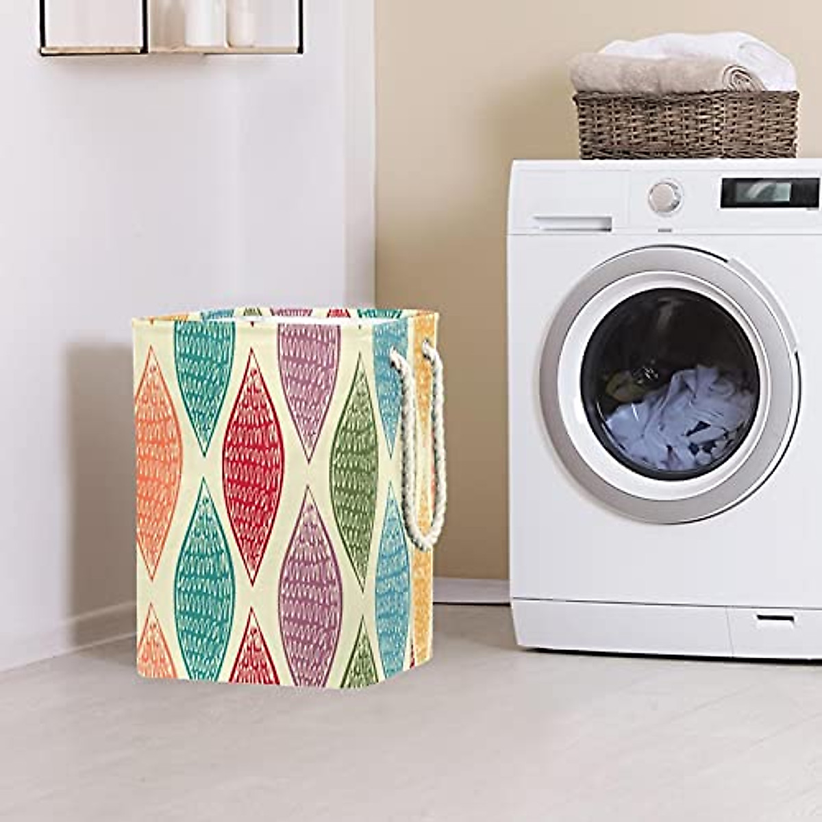 Waterproof Laundry Baskets Tall Sturdy Foldable Abstract Hand Drawn Colorful Spindle Print Hamper for Adult Kids Teen Boys Girls in Bedrooms Bathroom