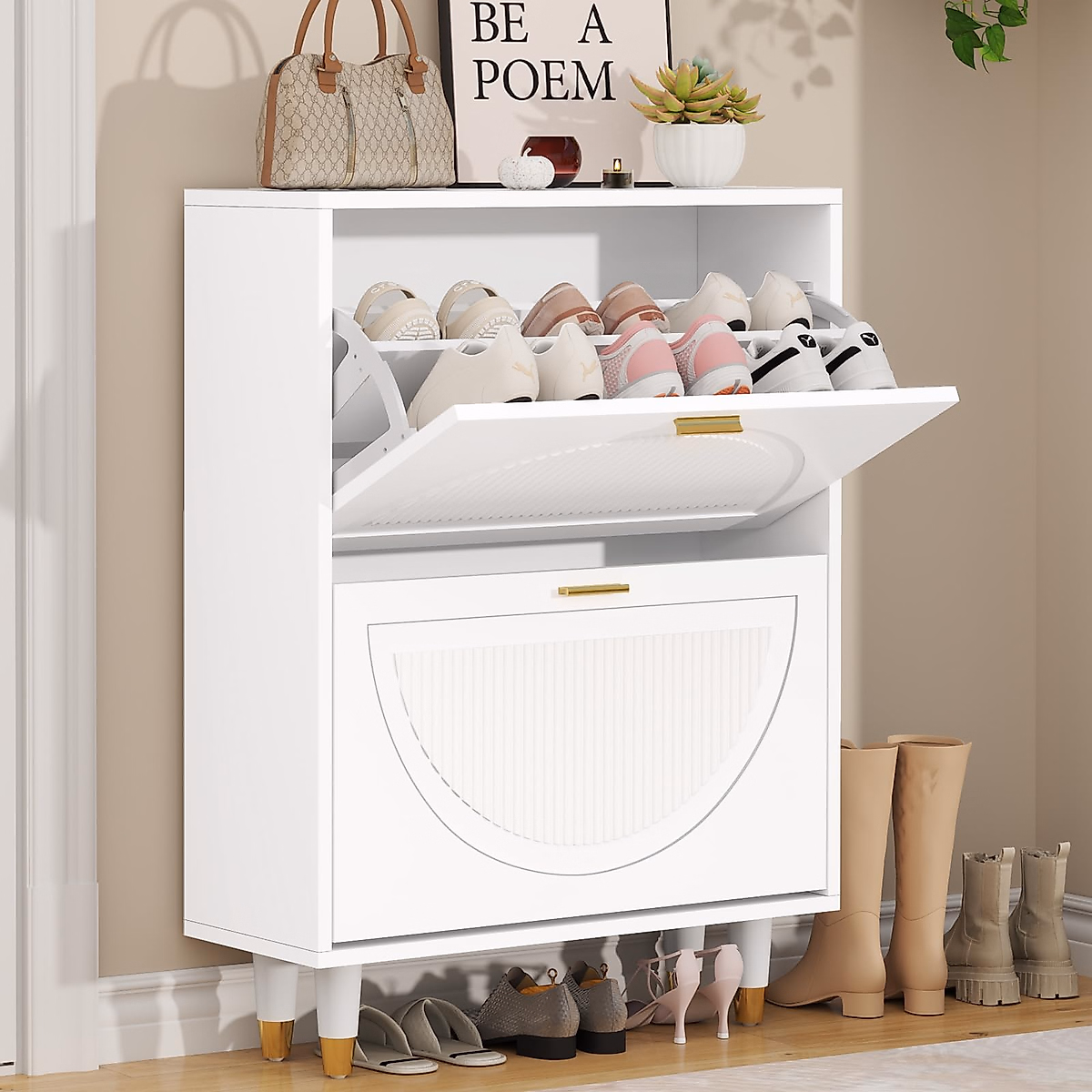 howcool Shoe Storage Cabinet with 2 Flip Drawers, Slim Wooden Freestanding Shoe Cabinet, Hidden Narrow Shoes Rack Organizer for Entryway Hallway, Holds 16 Pairs, 24" W, Small, Classic White